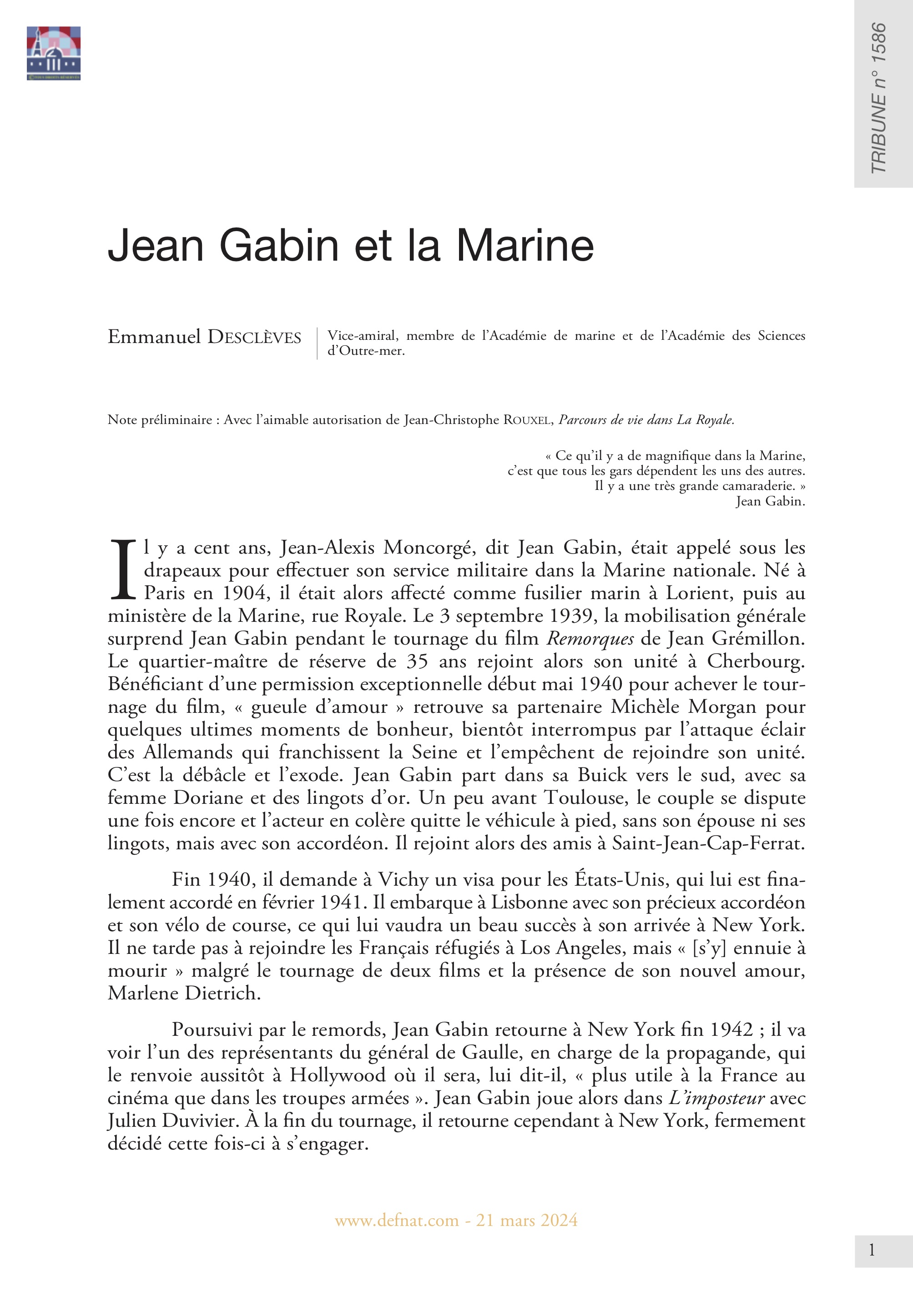 Histoire – Jean Gabin et la Marine (T 1586)