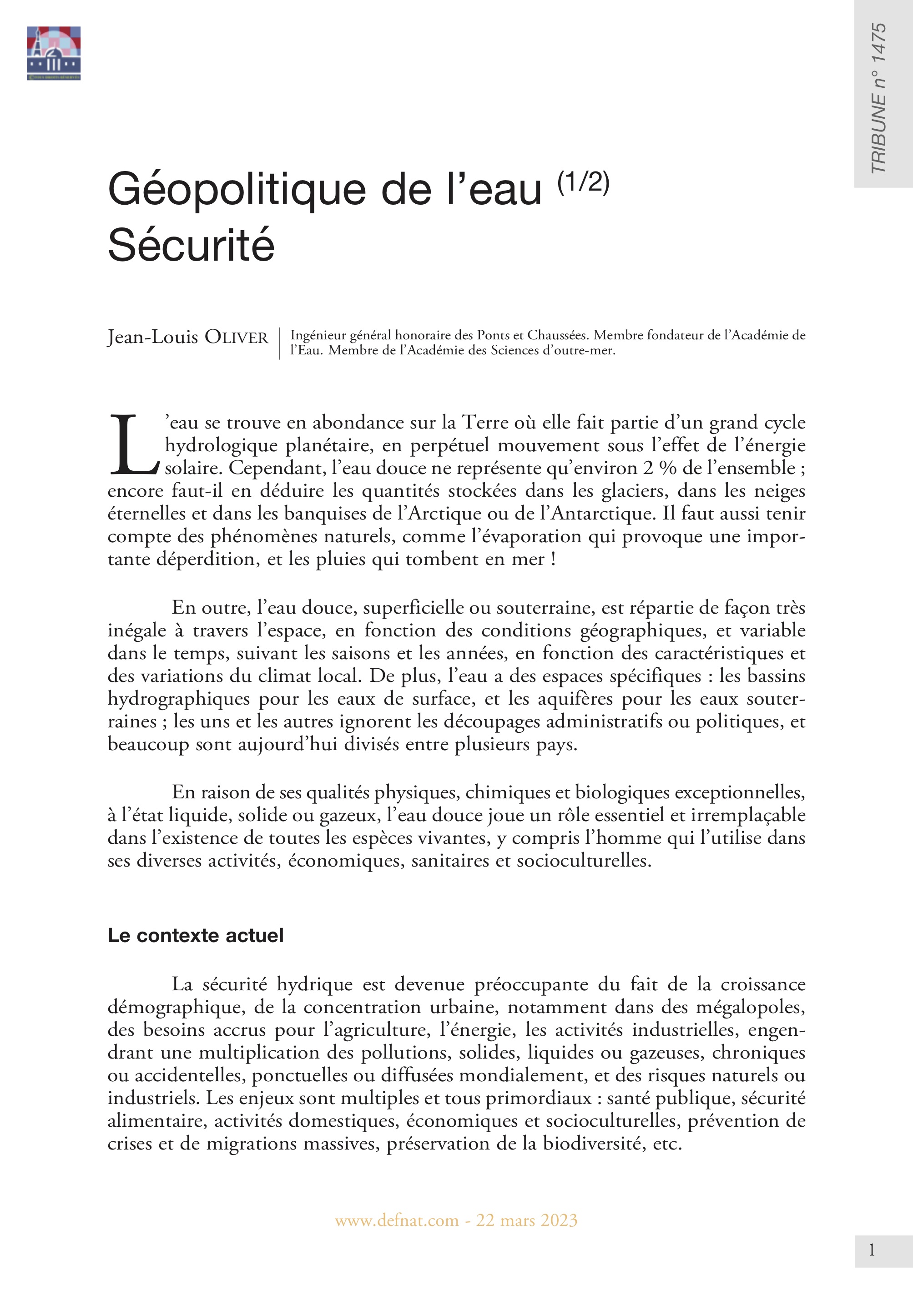 Géopolitique de l’eau (1/2) : Sécurité (T 1475)