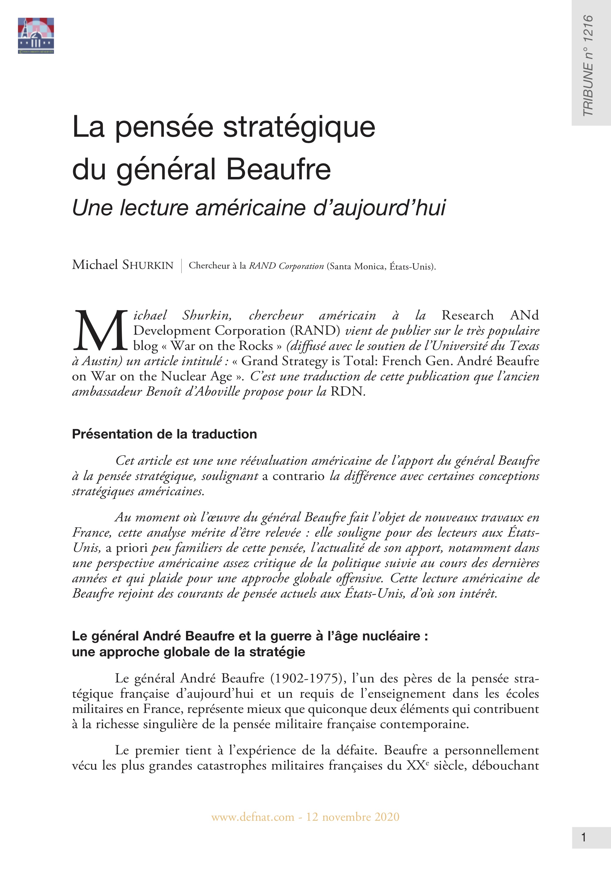 La pensée stratégique du général Beaufre : une lecture américaine d ...